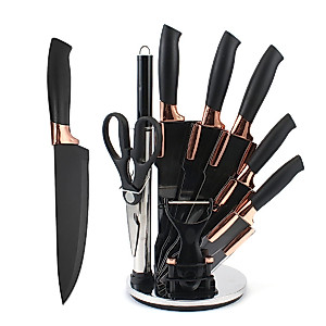 Knife Set, 9Pieces Stainless Steel Non Stick Kitchen Knife Block Set, Sharp Cutlery Knives Set with Sharpener Knives Set with Rotatable Storage Stand Scissors (Black)