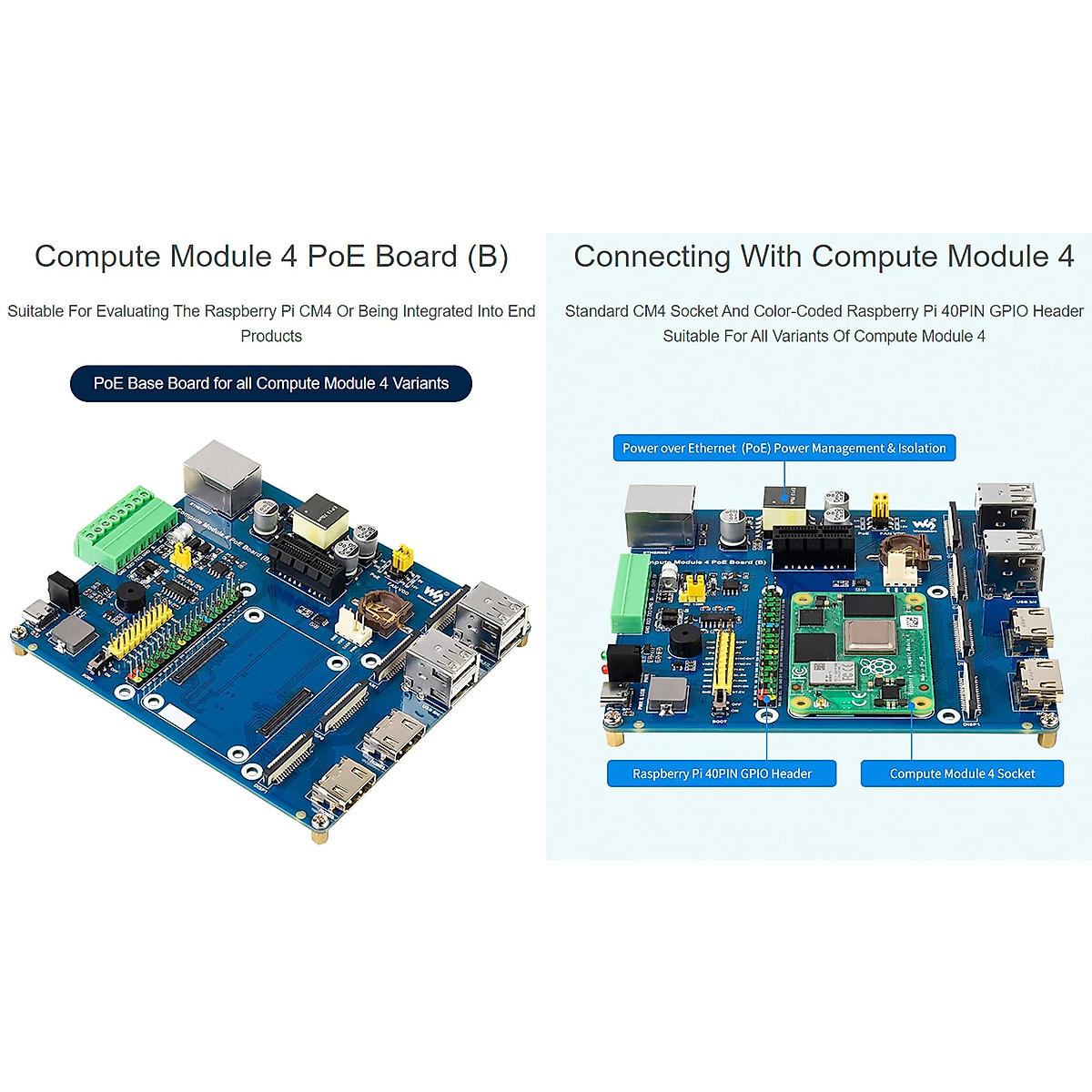 Compute Module 4 IO Board with PoE Feature (B) for All Variants of Compute Module 4，Integrates 802.3af-Compliant PoE Circuit,with Rich Peripheral Connectors (CSI/DSI/HDMI/USB/ETH/PCIe/RS232/RS485)