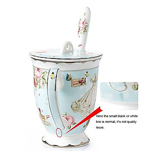 YBK Tech Euro Style Porcelain Tea Cup Coffee Mug with Lid for Breakfast Home Kitchen (((Butterflies Pattern) (Pink)))