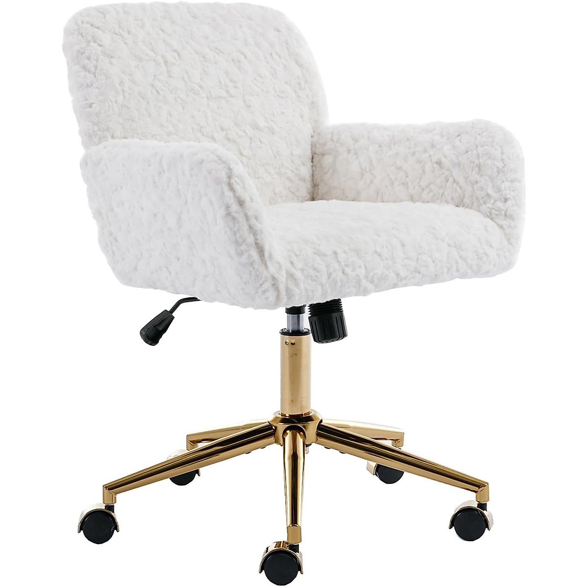 White Faux Fur Home Office Chair,Upholstered Elegant Desk Chair Makeup Vanity Chair for Girls,Swivel Desk Chair with Gold Base,Height Adjustable Tiltable Computer Chair,Cute Desk Chair for Kids