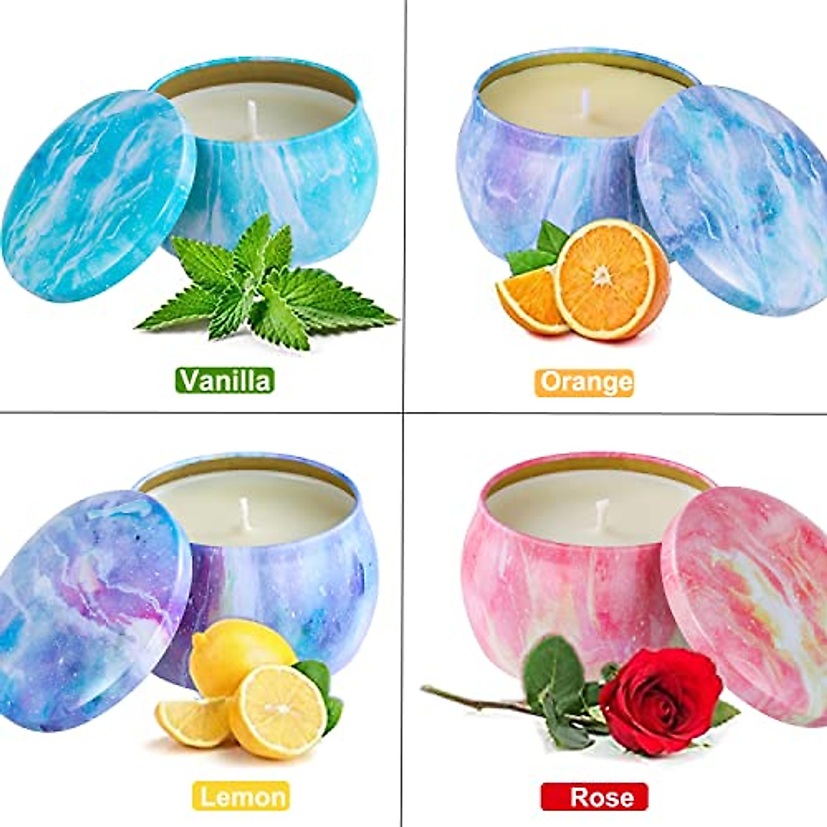 Scented Candles Gift Set for Women，4 Pack 4.4 Oz Rose Vanilla Orange Lemon 100% Natural Soy Wax Candles with 8% Strongly Fragrance Essential Oils for Stress Relief or Christmas Birthday Mother's Day