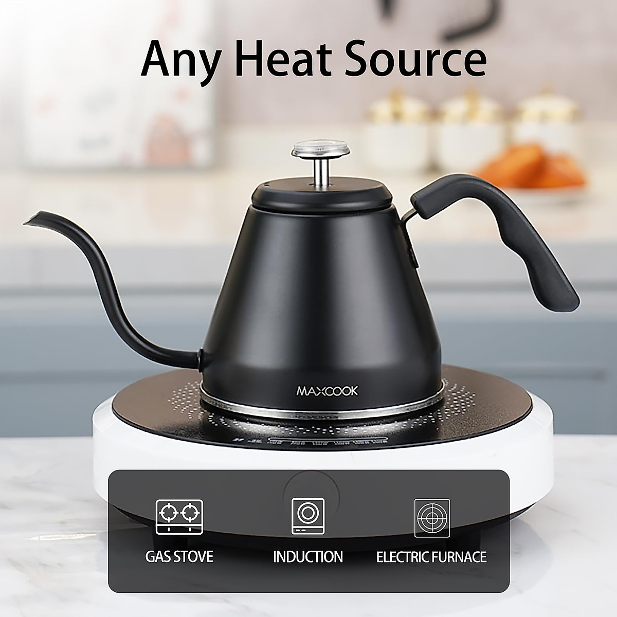 MAXCOOK Gooseneck Coffee Kettle Stovetop,40oz Stainless Steel Tea Kettle with Thermometer, Pour Over Kettle tea pots for all Stovetops(1.2L, Black)