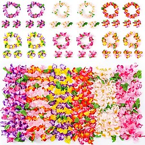 FUTUREPLUSX Hawaiian Leis, 48PCS Hawaiian Party Necklace Headbands and Wristbands for Hawaiian Luau Decoration Tropical themed Party