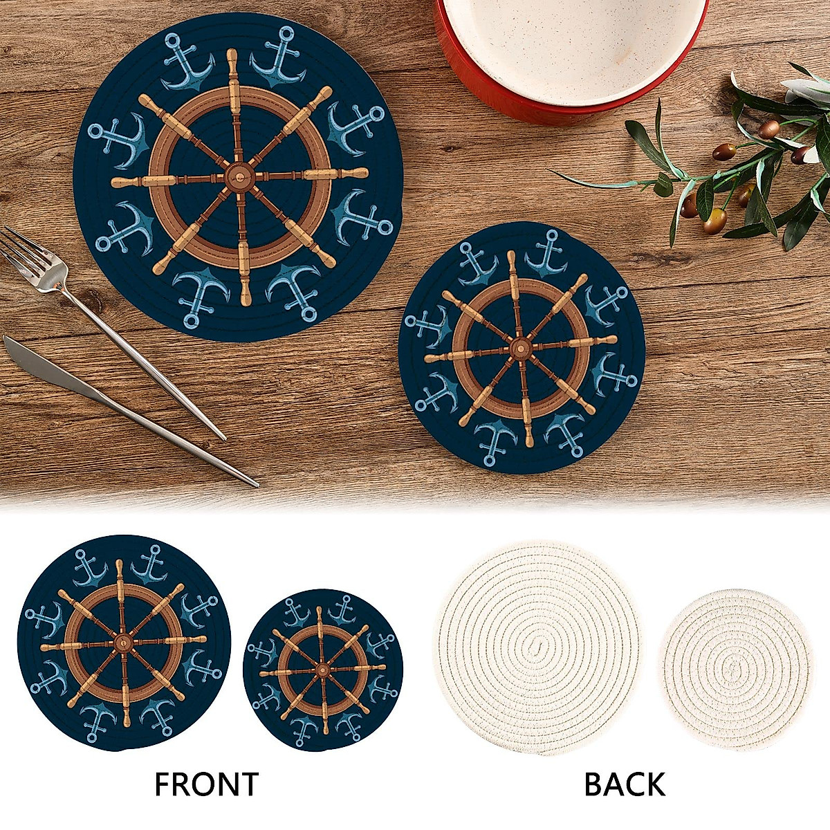Wheel Ship Anchors Pot Holders for Kitchen Cotton Round Holder Set of 2 Heat Resistant Thread Weave Trivet Kitchen Hot Pads for Cooking Baking