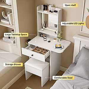oneinmil Small Vanity Desk Set with LED Lighted Mirror & Power Outlet, Makeup Vanity Desk for Small Space, White Dressing Table with Fold-up Panel for Bedroom, 3 Lighting Modes
