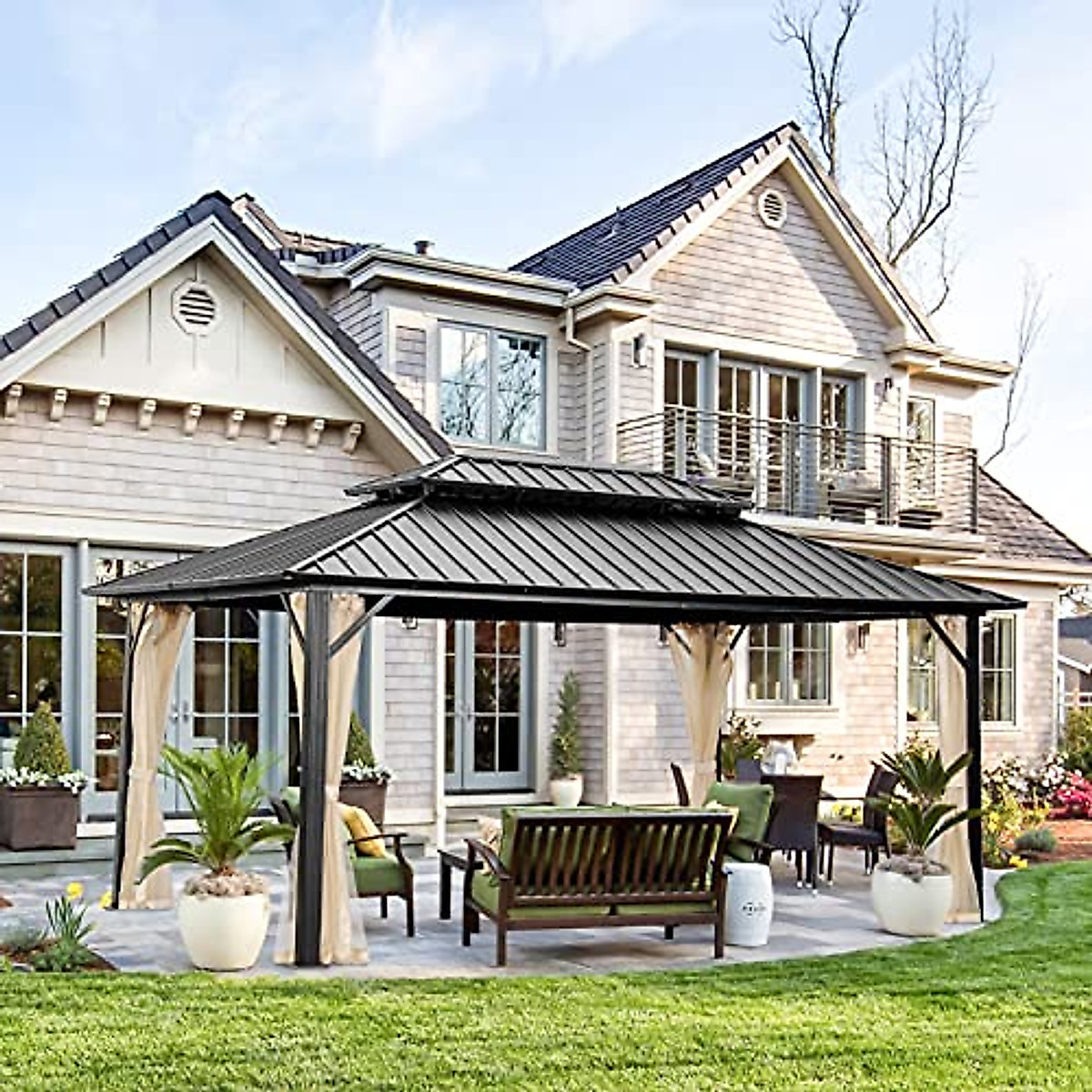 Leisurelife 10'x12' Galvanized Steel Double Roof Hardtop Gazebo with Nettings for Patio Outdoor Backyard Garden or Grill, Heavy Duty Canopy Tent, Aluminum Frame