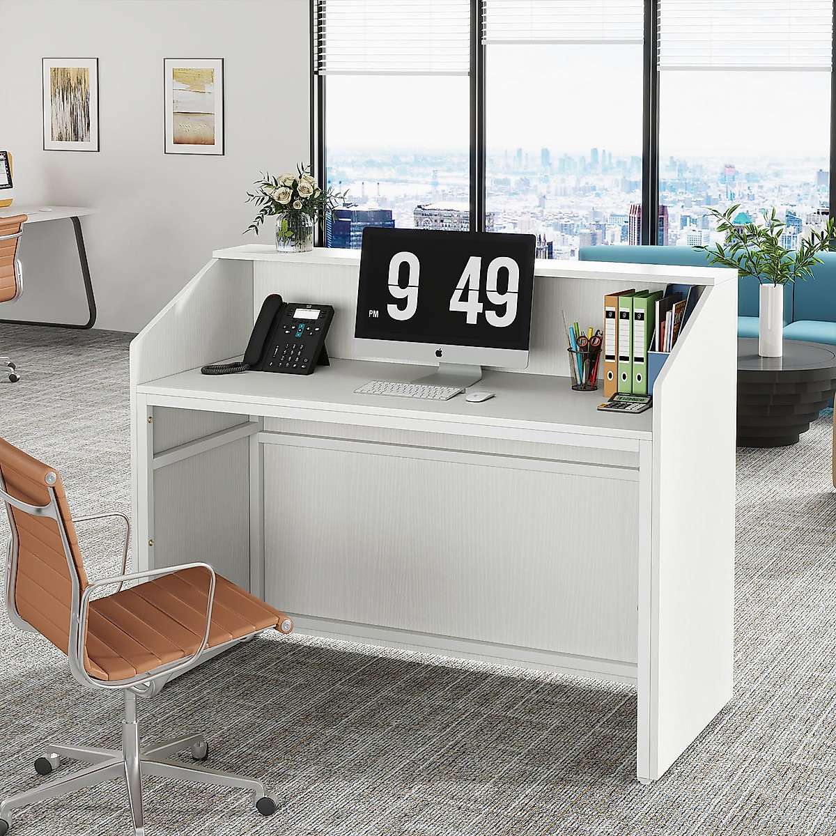 Tribesigns Reception Desk with Counter, Modern Front Desk Reception Room Table with Cable Grommet, 47 inch Retail Counter for Checkout, Lobby, Beauty Salon, Home Office Desk, White