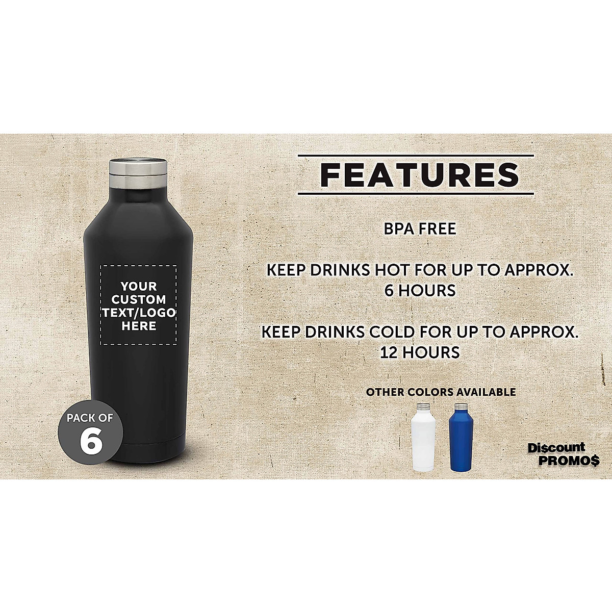 DISCOUNT PROMOS Custom Stainless Steel Water Bottles 17 oz. Set of 6, Personalized Bulk Pack - Double Wall, Perfect for Coffee, Soda, Other Hot & Cold Beverages - Black