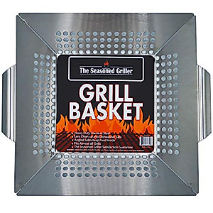 Professional Grade Stainless Steel Grill Basket, BBQ Accessories, Meats, Vegetables, Seafood, Pizza, Kabob. Fits Charcoal, Gas Grills Camping Cookware Grill Tool Gift for Dad