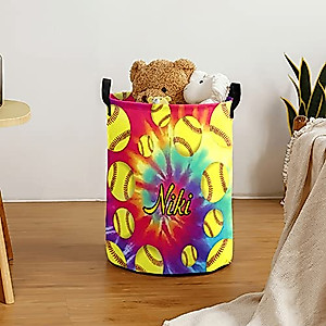 Tie Dye Softball Laundry Basket Personalized with Name Laundry Hamper with Handle Organizer Storage Bin Bedroom Decor for Boys Girls Adults