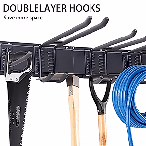 Garage Tool Storage Rack, 32 Inch Adjustable Garage Organizer Wall Mounted 8 PCS Garage Storage with 6 Hooks, Super Heavy Duty Garden Tool Hanger for Shovels, Rake Shovel Yard Tools，Hold Up to 300lbs