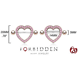 Forbidden Body Jewelry Surgical Steel CZ Crystal Heart Nipple Shield Barbells (Rose Gold Tone/Pink)