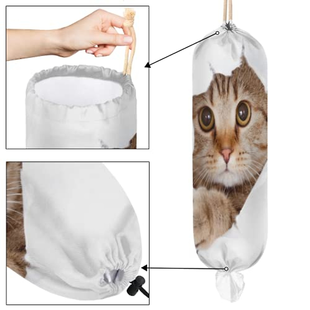 Plastic Bag Holder Hanging Cute Cat Grocery Bag Organizer Kitchen Plastic Bag Storage/Garbage Shopping Bag Trash Bags Dispenser for Farmhouse Kitchen Home Decor