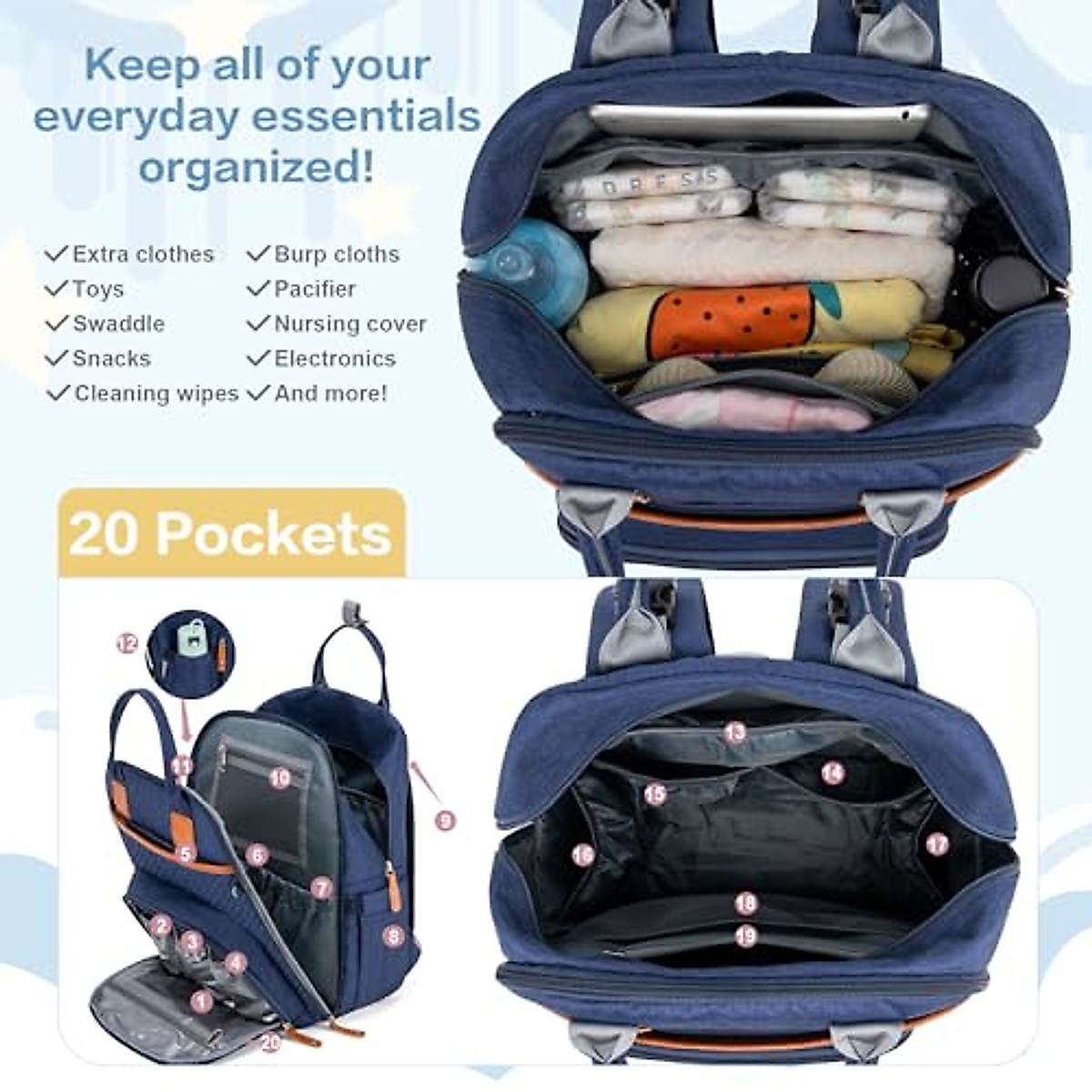 KABAQOO Baby Diaper Bag Backpack for Boys Girls, Multifunction Waterproof Travel Diaper Bag with Portable Changing Pad, Pacifier Case and Stroller Straps, Blue