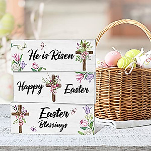 3 Pcs He is Risen Easter Blessings Happy Easter Table Wooden Sign Easter Tiered Tray Decor Religious Easter Tabletop Decorations Flower Cross Sign for Farmhouse Home Spring Easter Decor