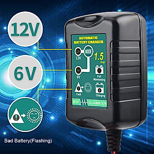 12V / 6V Battery Trickle Charger Maintainer, 1.5A Automatic Smart Float Charger Battery Charger for Motorcycle Lawn Mower Car Boat Tractor ATV, SLA VRLA Gel Cell AGM Lead Acid Batteries