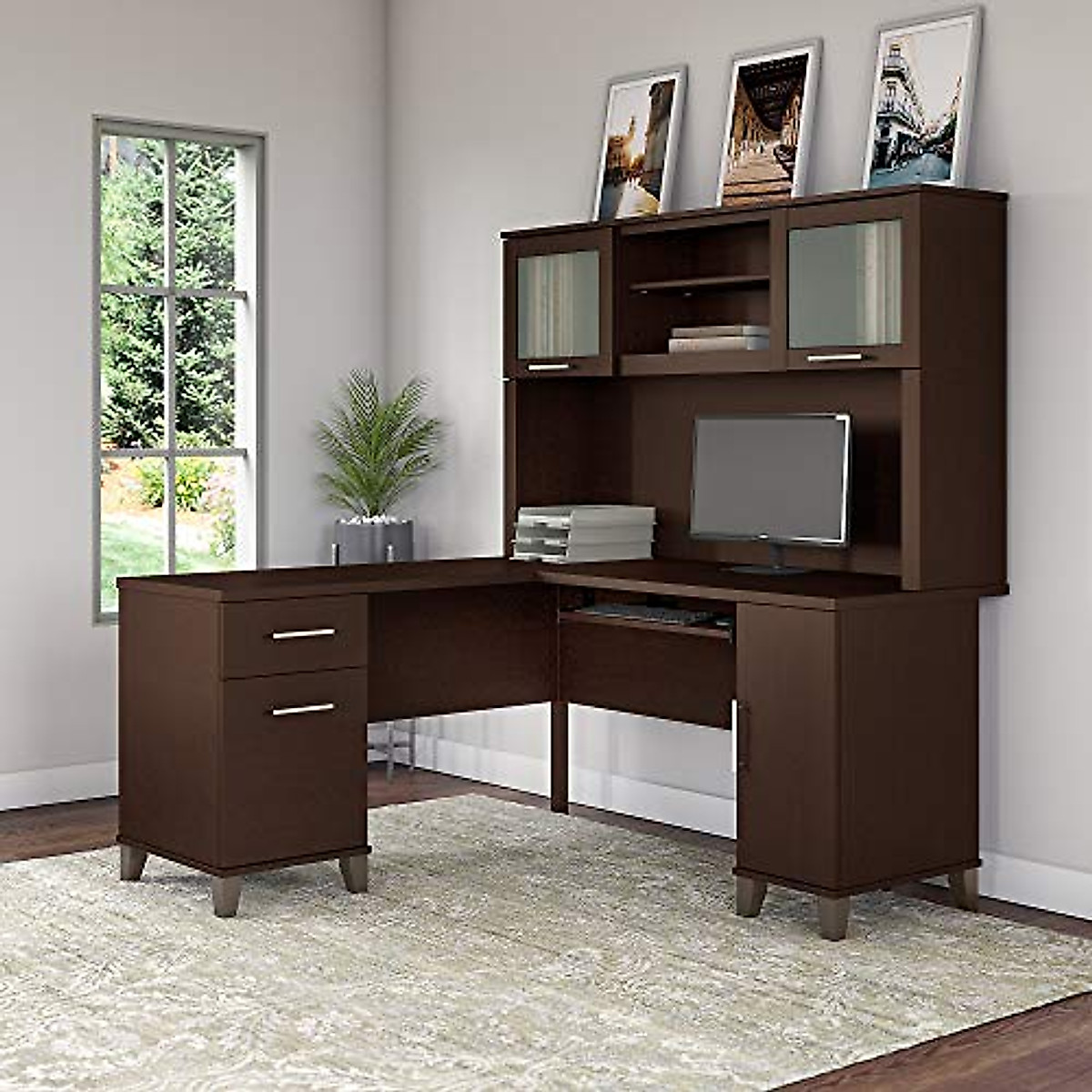 Somerset 60W L Shaped Desk with Hutch in Mocha Cherry