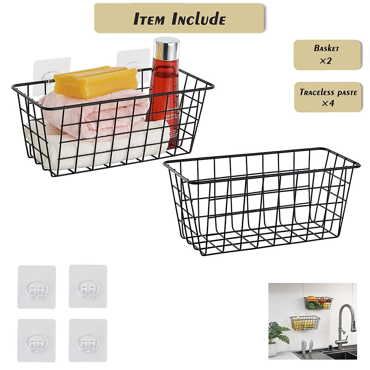 2 Pack Hanging Storage Basket, Bathroom Basket, Household Goods Storage Basket, with Traceless Tape, no Drilling, for Cabinet Storage, Kitchen, Bathroom, Storage Room (2 Black)