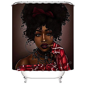 African Black Girl Shower Curtains Sets for Bathroom,4 Pcs American Afro Women Bath Decor with Washable Toilet Lid Cover, Non-Slip Rugs, Absorbent Bath Mats and Waterproof Shower Curtain with Hooks