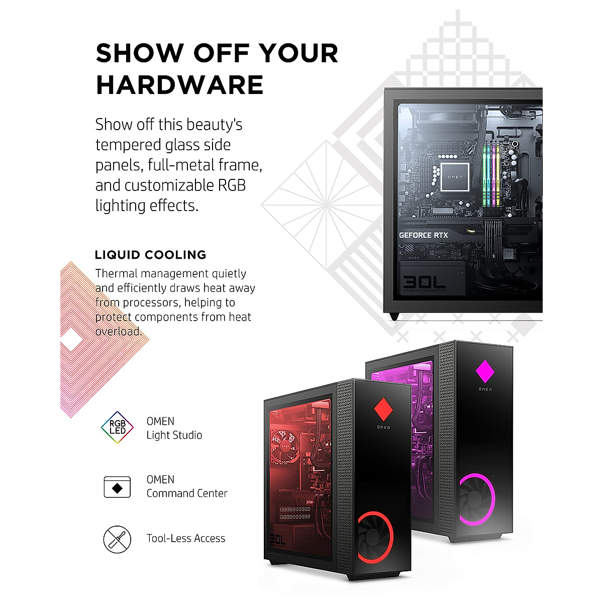Omen 30L Gaming PC, NVIDIA GeForce RTX 3070, AMD Ryzen 7 5800X, HyperX 32 GB RAM, 1 TB SSD, Windows 10 Pro, Wi-Fi 6 & Bluetooth 5, Liquid Cooling, RGB Lighting (GT13-1170, 2021)