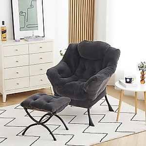 SESHINELL Lazy Chair with Ottoman, Modern Accent Chair Lounge Leisure Sofa Chair with Armrests, Reading Chair and Folding Footstool for Living Room, Bedroom, Office, Plush Navy