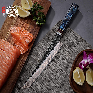 MITSUMOTO SAKARI 8 inch Japanese Kiritsuke Chef Knife, Hand Forged VG-10 Damascus Kitchen Knife, Professional Meat Sushi Chef’s Knife (Blue Resin Handle & Sandalwood Box)