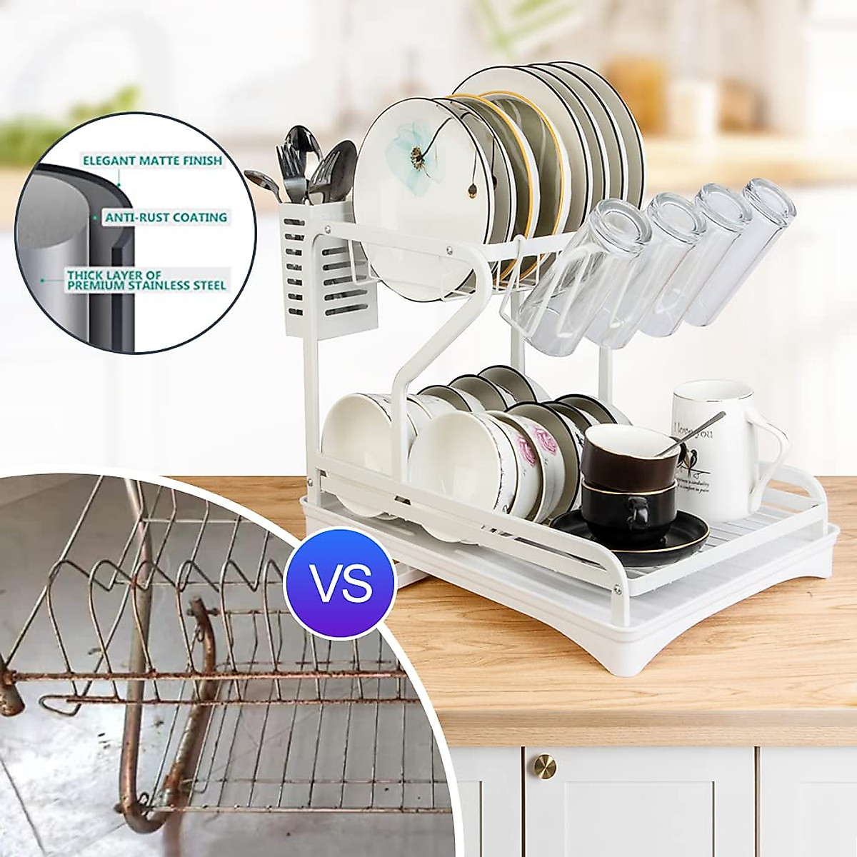 KUFA Dish Drying Rack for Kitchen Counter Kitchen Utensil Storage Organizer Holder Stainless Steel White Paint Counter Drainer Shelf Drainboard Dish Drying Mat Small Dryer Rack for Silverware