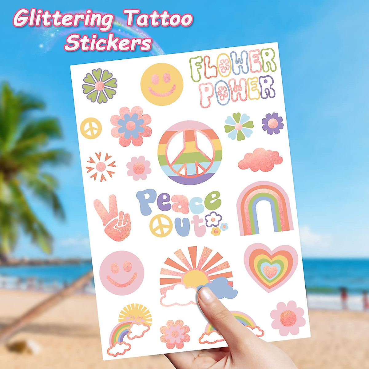 110PCS Temporary Tattoo, Sun Rainbow Flower Smiley Stars Heart Character Fake Tattoos for Girls Women Adults, Temporary Tattoos for Birthday Supplies Decorations Favors