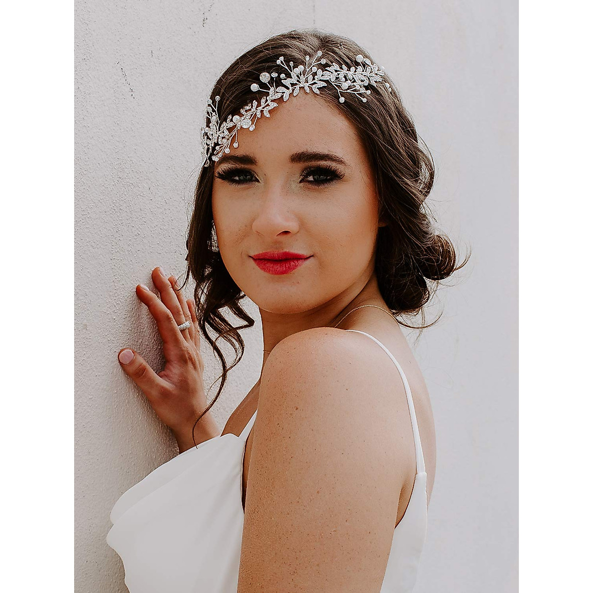 SWEETV Crystal Bridal Headpieces for Brides Silver Wedding Hair Accessories Bride Headband Pearl Hair Vine Rhinestone Hair Pieces for Women