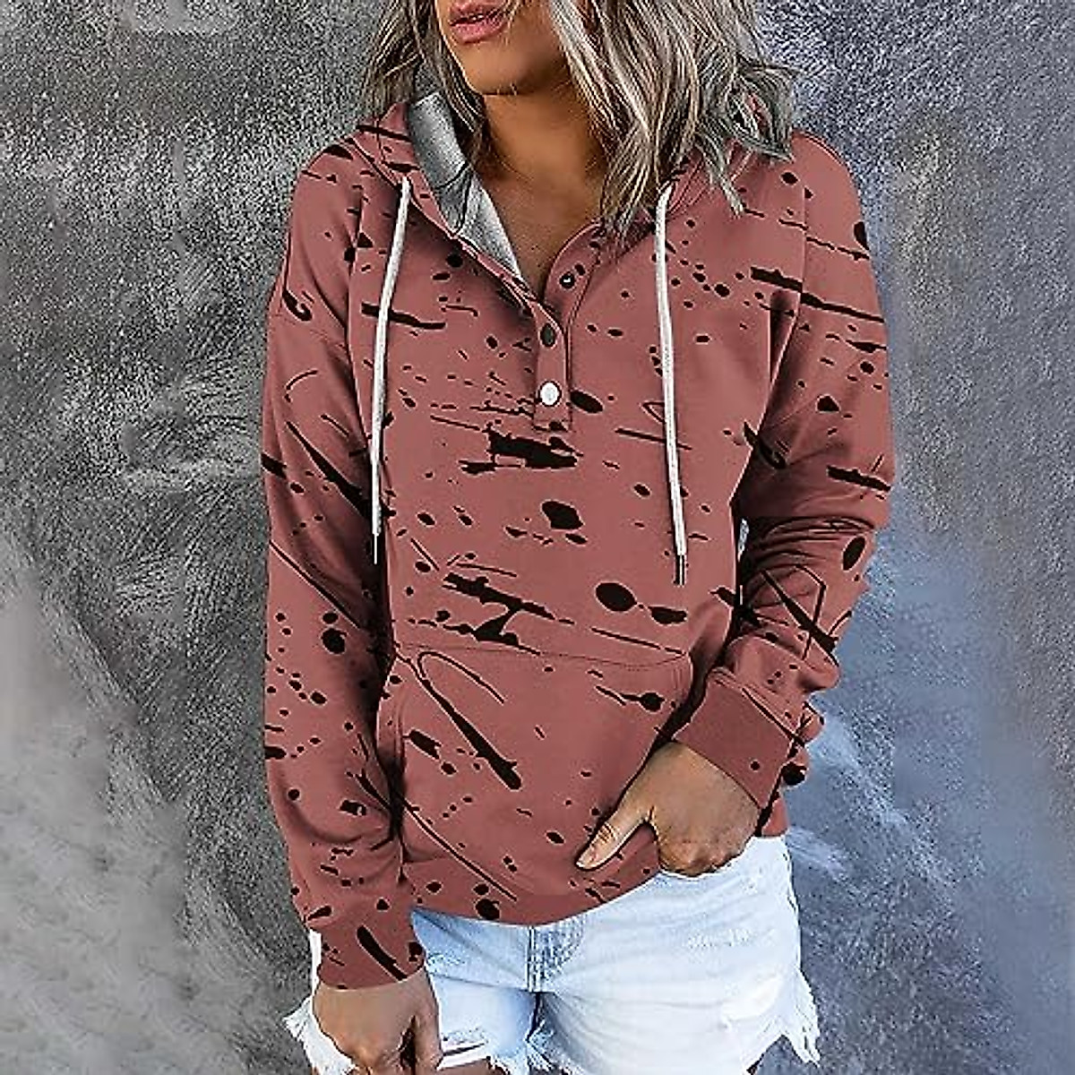 Hoodies for Women Button Collared Drawstring Hooded Sweatshirt Pullover Doodle Graphic Slouchy Casual Long Sleeve Tops Watermelon Red Sweatshirt