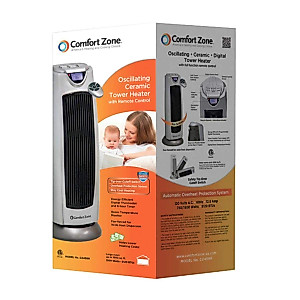 Comfort Zone Electric Oscillating Ceramic Tower Space Heater, Remote, Backlit Digital Thermostat & Temperature Display, Timer, & Overheat Sensor, Ideal for Home, Bedroom, & Office, 1,500W, CZ499R
