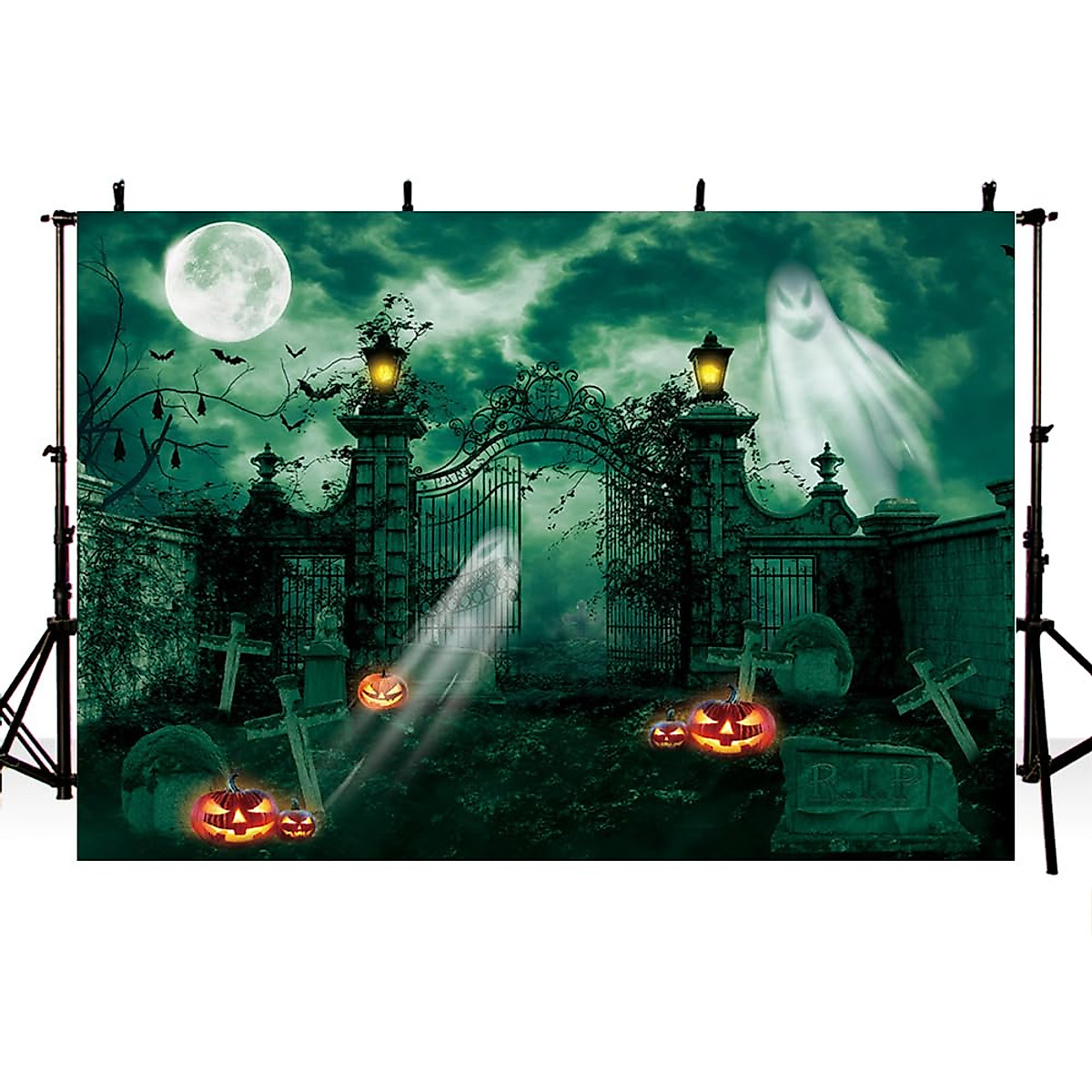 MEHOFOND 10X7ft Halloween Haunted Graveyard Green Photography Backdrop Ghost Lantern Gothic Night Spooky Cemetery Gate Terror Desolate Background Horror Party Banner Decorations Kid Shoot Booth Props