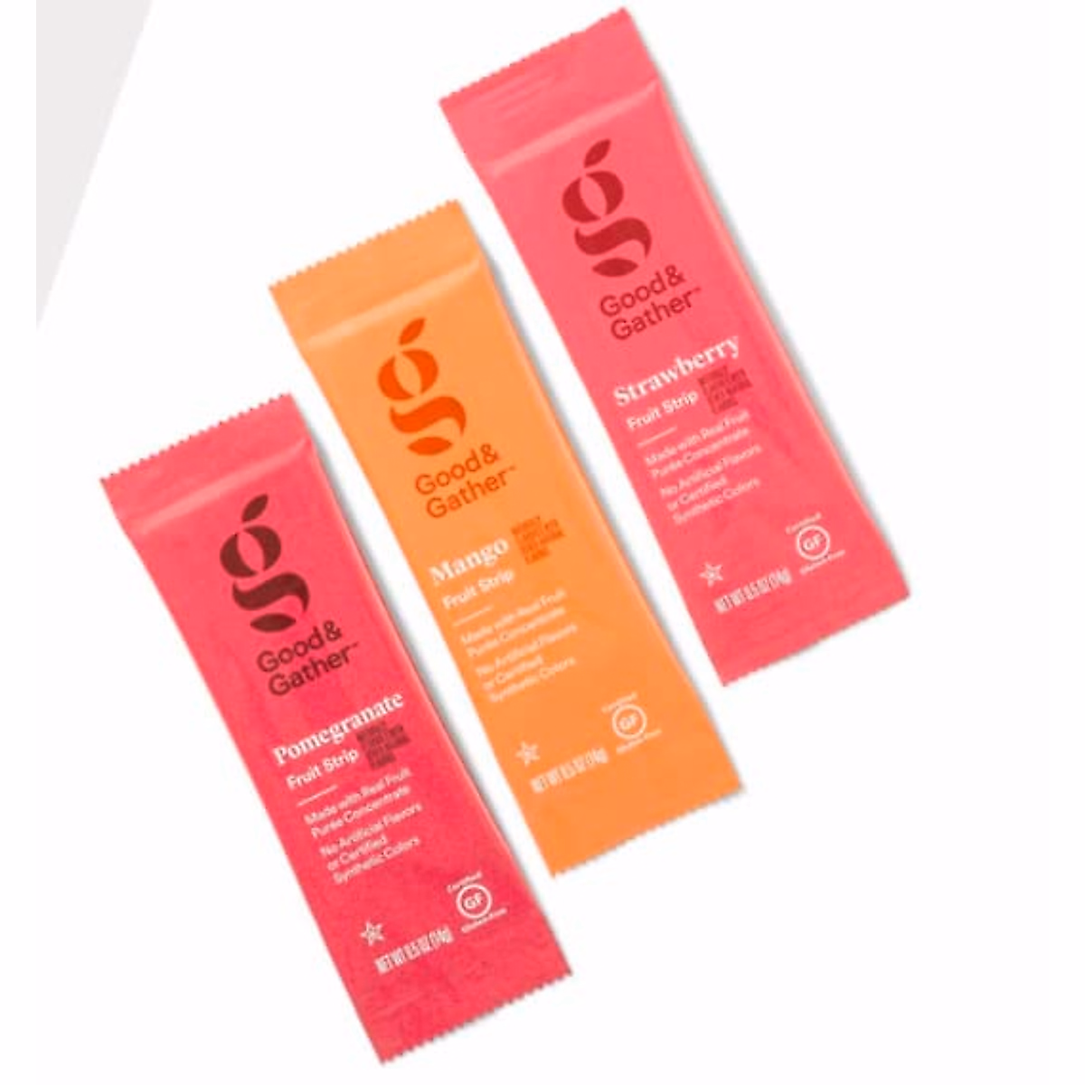 Fruit Strips Pomegranate, Mango and Strawberry Fruit Leathers Healthy Snack Made with Real Fruit Puree Concentrate Good and Gather Variety Pack 48 Strips, Set of 3