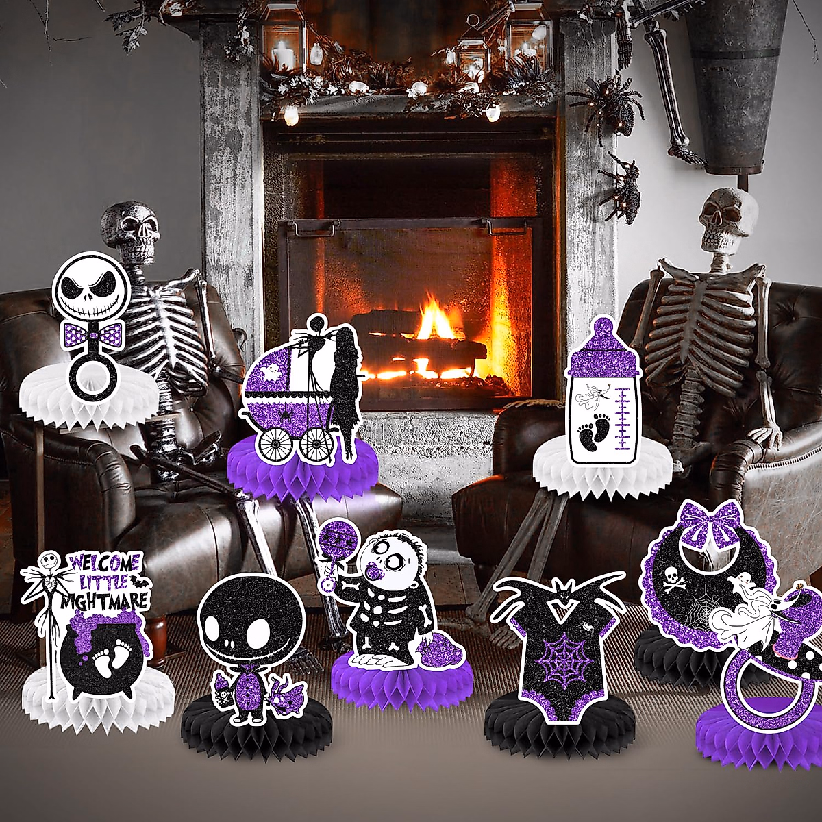 Nightmare Halloween Baby Shower Decorations Honeycomb Centerpiece,9pcs Halloween Decorations for Table Double Sides 3D Table Decorations, Cute Themed Xmas Decorations for Celebrating Party