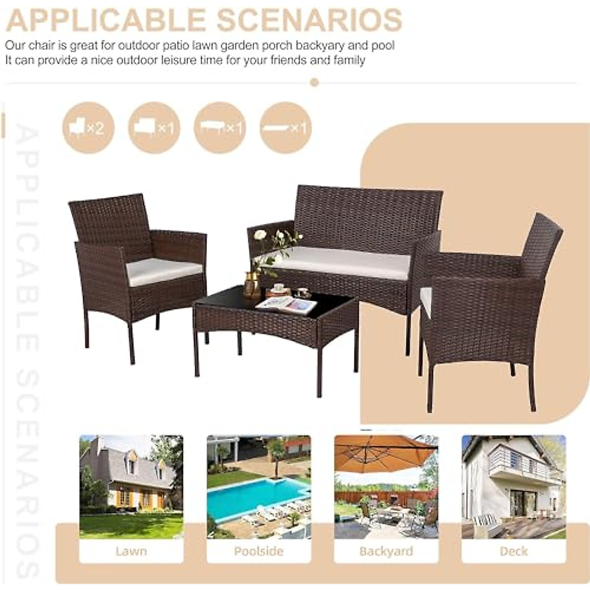 Shintenchi 4 Piece Outdoor Patio Furniture Sets, Small Wicker Patio Conversation Furniture Rattan Chair Set with Tempered Glass Coffee Table for Backyard Porch Garden Poolside Balcony