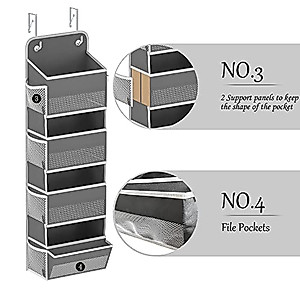 LONGD Over Door Organizer, Nursery Closet Cabinet Baby Storage, Over the Door Hat Rack, 4 Pockets and 1 Grid File Pockets Hanging Storage Boxes,45 lbs. Weight Capacity, 1-Pack