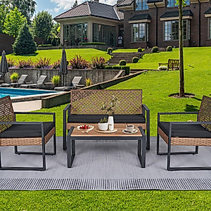 VOTSMOKK 4 Pieces Patio Furniture Set, Outdoor Garden Patio Conversation Sets with Coffee Table, for Backyard, Lawn, Balcony, Outside Patio Table and Chairs Set with Soft Cushions, Black and Brown