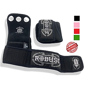 ROBUST FITNESS Genuine Leather Hand Grips for Gymnastics & Cross-Training, Pull-ups, Weightlifting, WODs with Neoprene Wrist warps. Palm Shield from Rips & Blisters. (Camouflage, Medium)