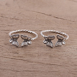 NOVICA Artisan Handmade Sterling Silver Toe Rings Twisted with Butterfly Accents from India Pair No Stone Animal Themed [ 1 mm W] ' Butterfly Meeting' Pair
