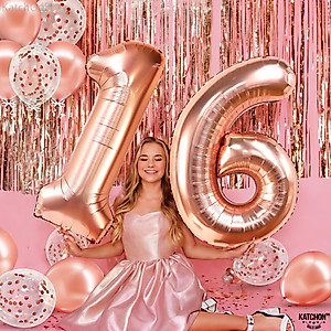 KatchOn, Sweet 16 Balloons Rose Gold - 40 Inch | Sweet 16 Birthday Decorations | Rose Gold 16 Balloon Numbers with Confetti Balloons | Sweet Sixteen Balloons | 16th Birthday Decorations for Girls