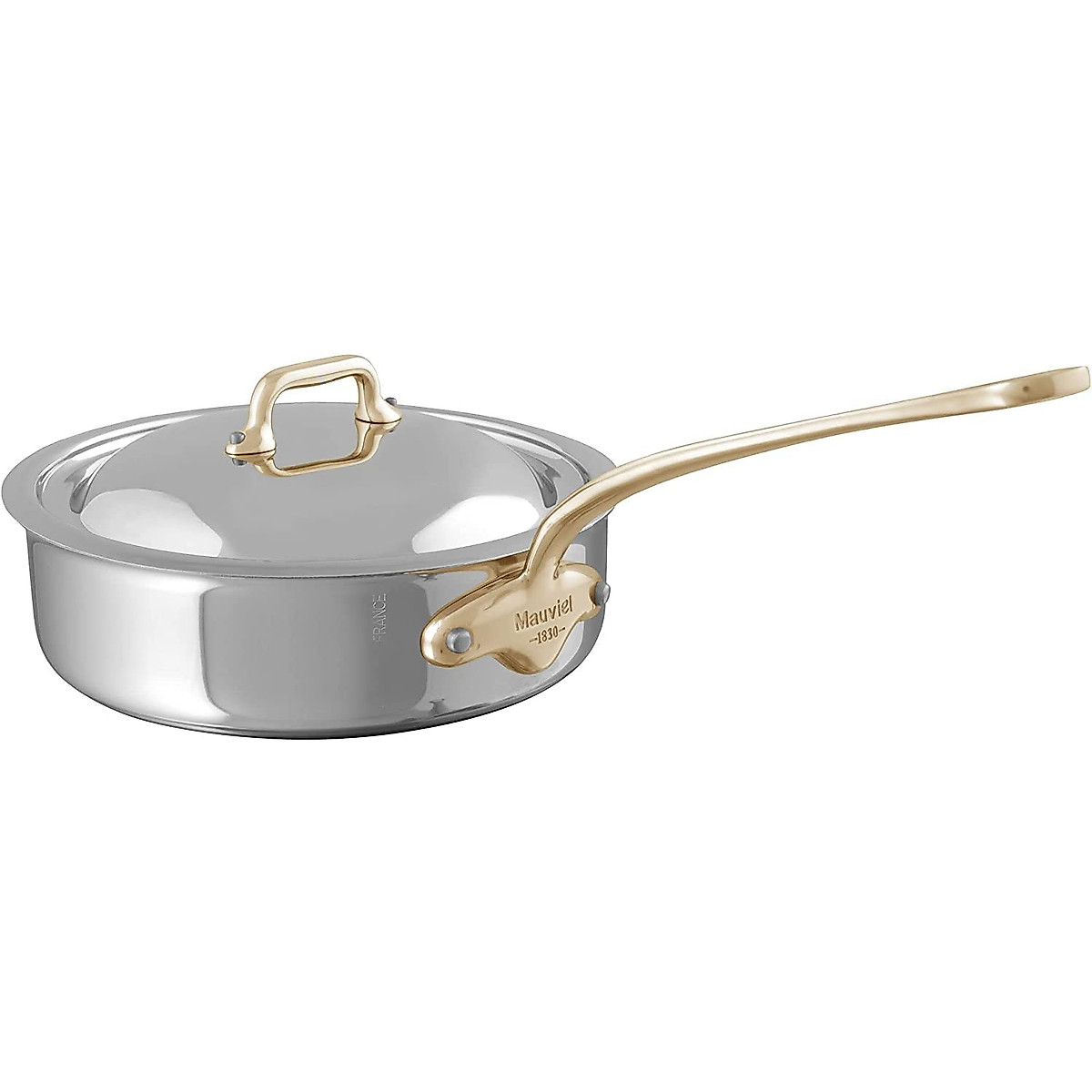 Mauviel M'Cook B 5-Ply Polished Stainless Steel Saute Pan With Lid, Brass & Helper Handle, 6.2-qt, Made In France