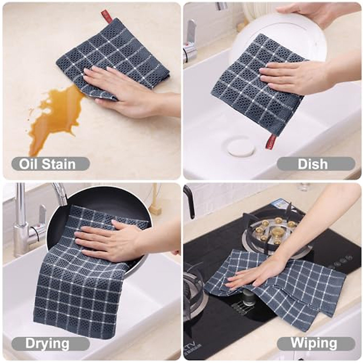 Fintale Kitchen Dish Cloths 6 Pack,12 x 12 Inches,100% Cotton Waffle Weave Soft and Super Absorbent Dish Towels, Quick Drying Dish Rags for Washing Dishes, Lattice Designed, Grey