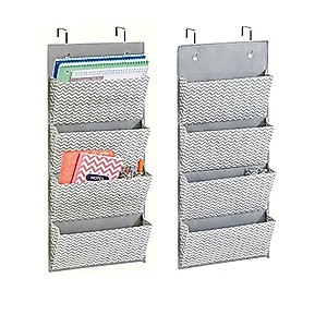mDesign Soft Fabric Wall Mount/Over Door Hanging Storage Organizer - 4 Large Cascading Pockets - Holds Office Supplies, Planners, File Folders, Notebooks - Chevron Zig-Zag Print, 2 Pack - Gray/Cream