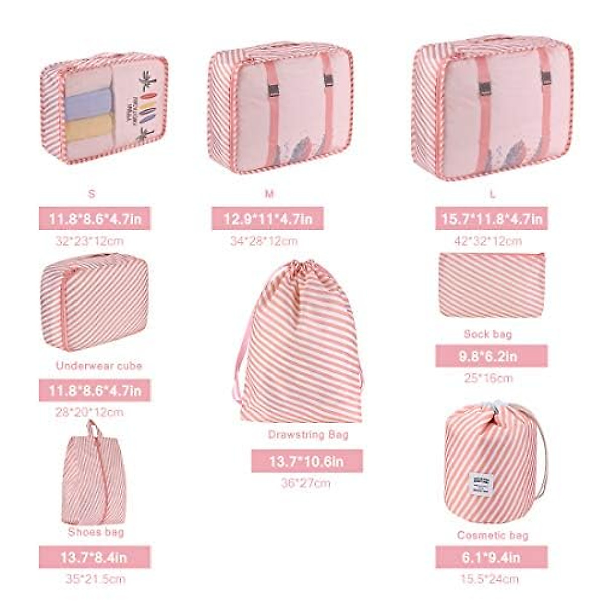 DIMJ Travel Packing Cubes, Luggage Packing Cubes Set with Sturdy Handle Luggage Cubes for Packing Lightweight Travel Clothes Organizer with Makeup Bag, 8 Pack (Pink Stripe)