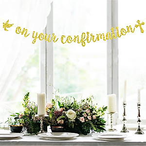 On Your Confirmation Banner, First Holy Confirmation Decorations, Bridal Shower, Engagement, Wedding, Bachelorette, Marriage Anniversary Party Decorations Gold Glitter