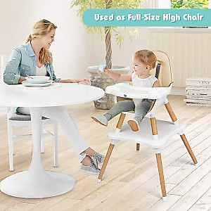 BABY JOY 5 in 1 High Chair, Convertible High Chairs for Babies and Toddlers/Booster Seat/Table and Chair Set, Infant Wooden Highchair w/ 5-Point Harness, 4-Position Removable Tray & PU Cushion (Khaki)