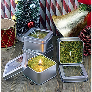 Cornucopia Square Silver Metal Tins w/View Window (12-Pack); Empty 1/2 Cup / 4-Ounce Capacity Clear Top Metal Boxes Great for Candles, Candies, Gifts