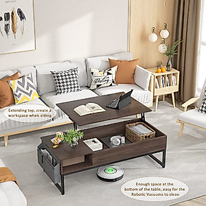 Aheaplus Lift Top Coffee Table with Storage, Wood Lifting Top Central Table Metal Frame, 43.3" Lift Tea Table with Side Pouch, Cocktail Table Modern Adjustable Table for Living Room, Espresso