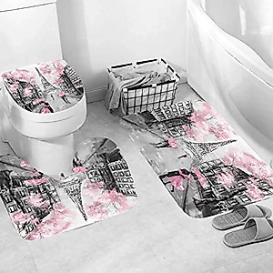 4Pcs Paris Eiffel Tower Pink Shower Curtain Sets Bathroom Set Decor with Non-Slip Rugs Bath U-Shaped Mat Toilet Lid Cover Waterproof Valentine Bathroom Curtains Shower Set with 12 Hooks, 70.8×70.8
