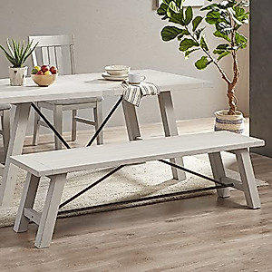 INK+IVY Sonoma Dining Bench 3 Seater Seating Chair with Rustic Metal Accents Support, Country Modern Farmhouse Kitchen Furniture, 66" W x 17" D x 18" H, Reclaimed White
